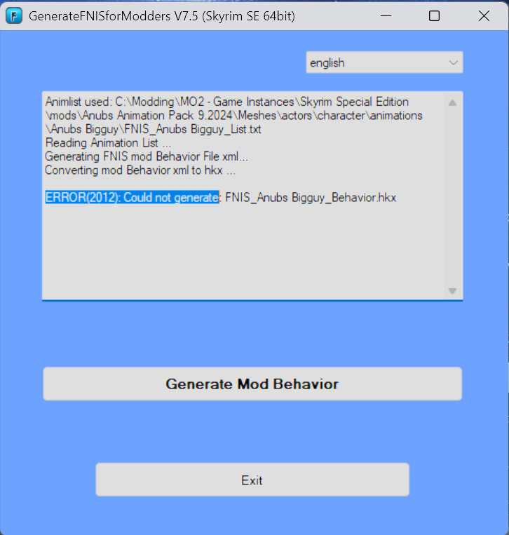 Fnisformodders Generating Behavior Files For Anubs Anims Error2012 Could Not Generate